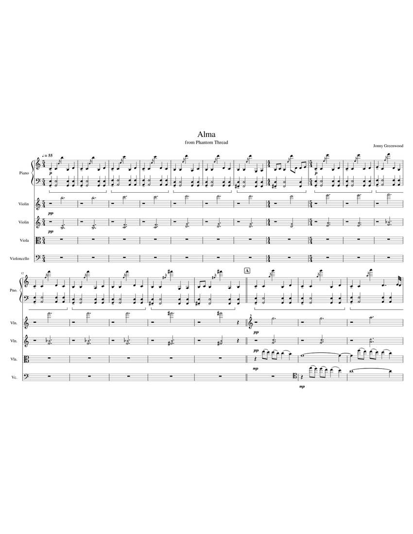 Alma (from Phantom Thread) Sheet Music for Piano, Violin, Viola, Cello ...