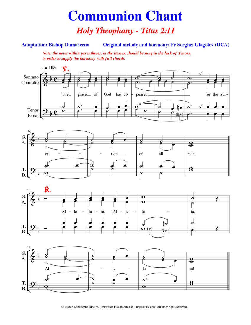 COMMUNION CHANT - THEOPHANY Sheet Music for Female, Male (SATB ...