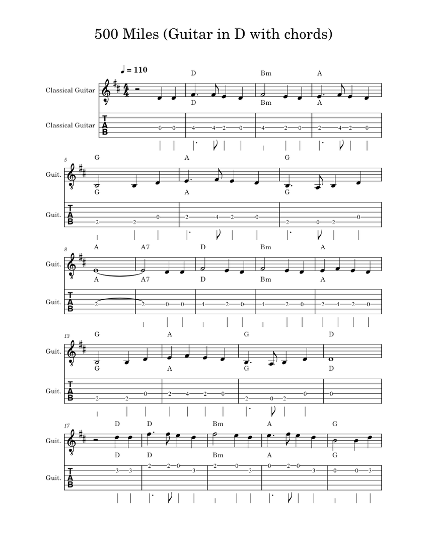 500 miles Guitar Sheet music for Guitar (Mixed Duet) | Musescore.com