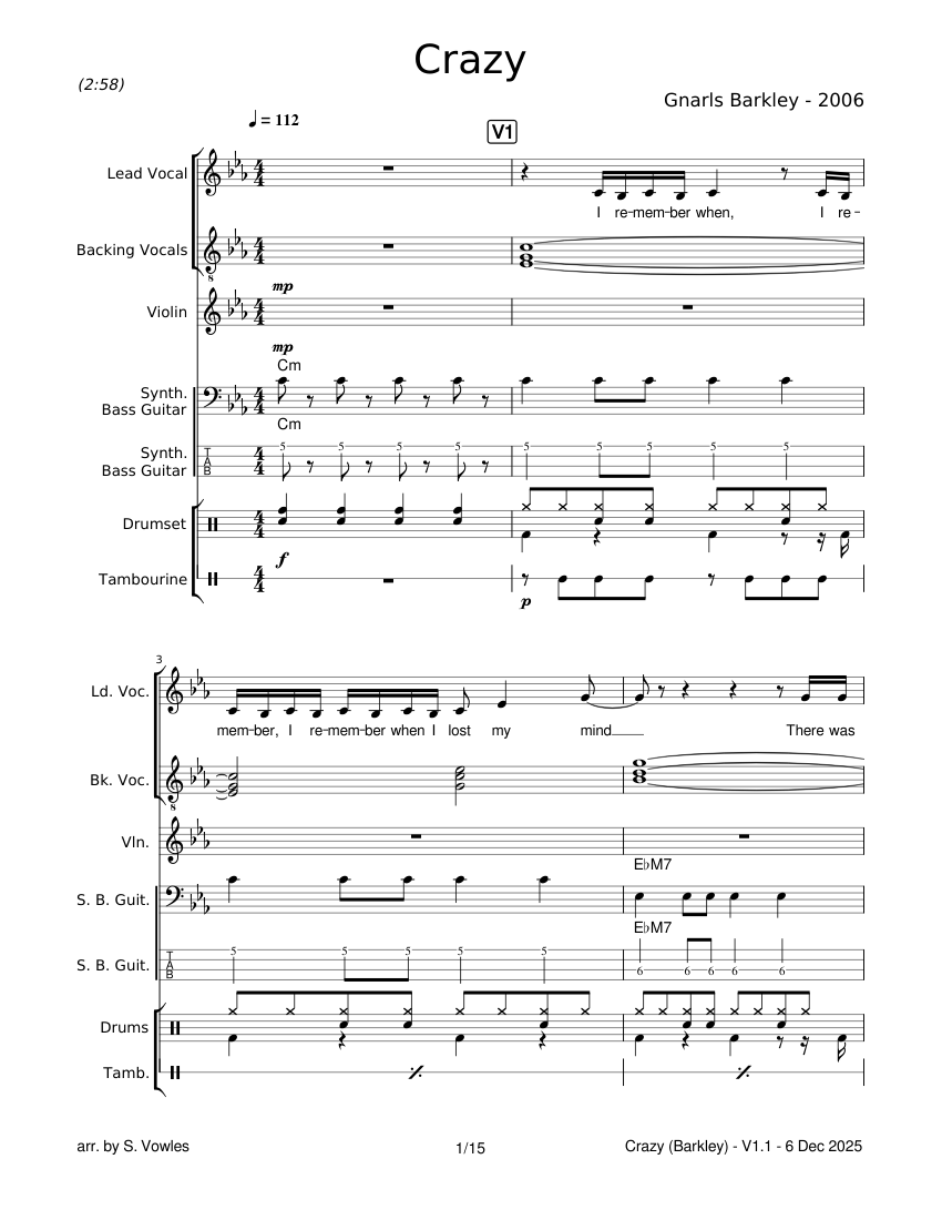 Crazy (Gnarls Barkley) Sheet music for Vocals, Tambourine, Violin, Bass ...