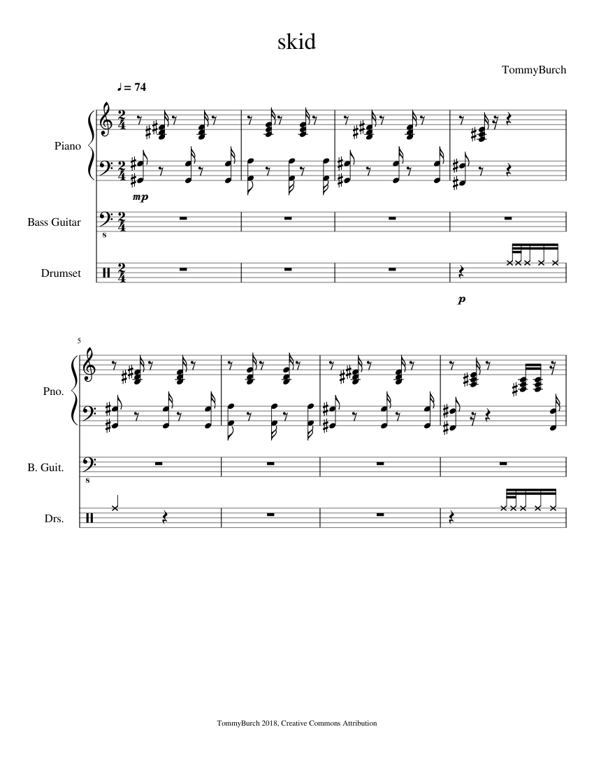 skid Sheet Music for Piano, Bass guitar, Drum group (Mixed Trio ...