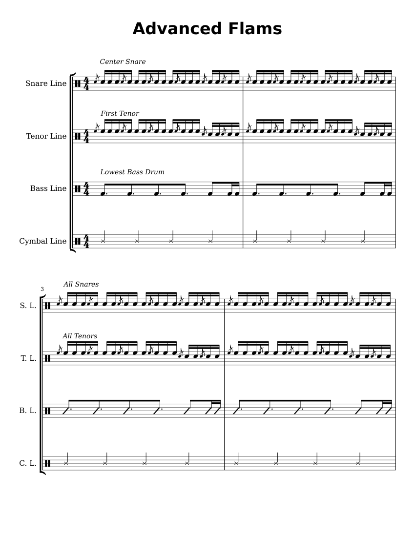 Advanced Flams Sheet music for Snare drum, Crash, Tenor drum, Bass drum ...