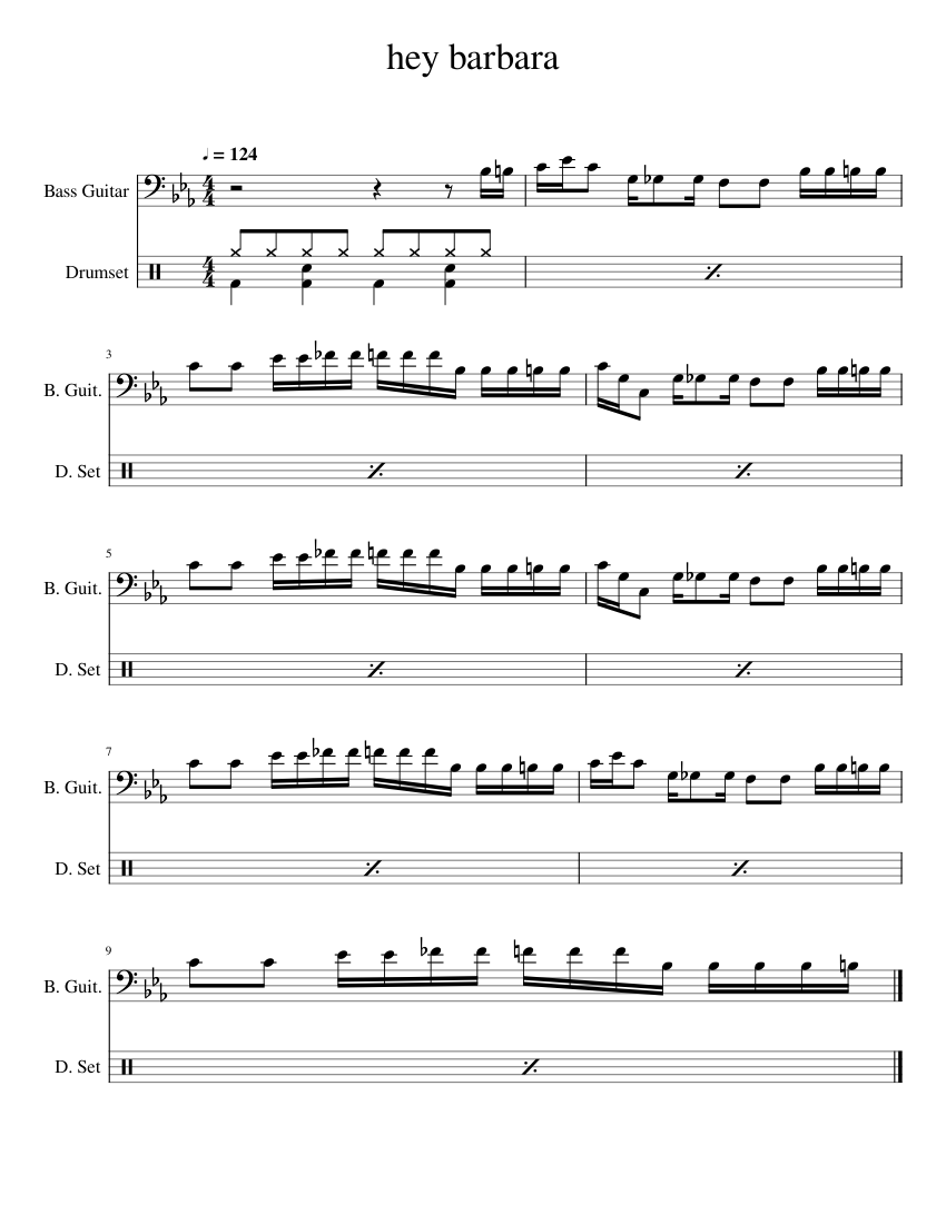 hey barbara Sheet music for Bass guitar, Drum group (Mixed Duet ...