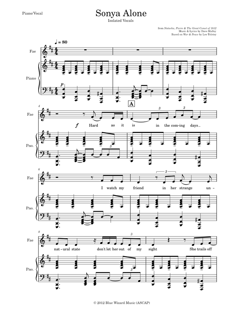 Sonya Alone – Dave Malloy Sonya Alone - Piano/Vocals Sheet Music for Piano, Violin (Solo ...