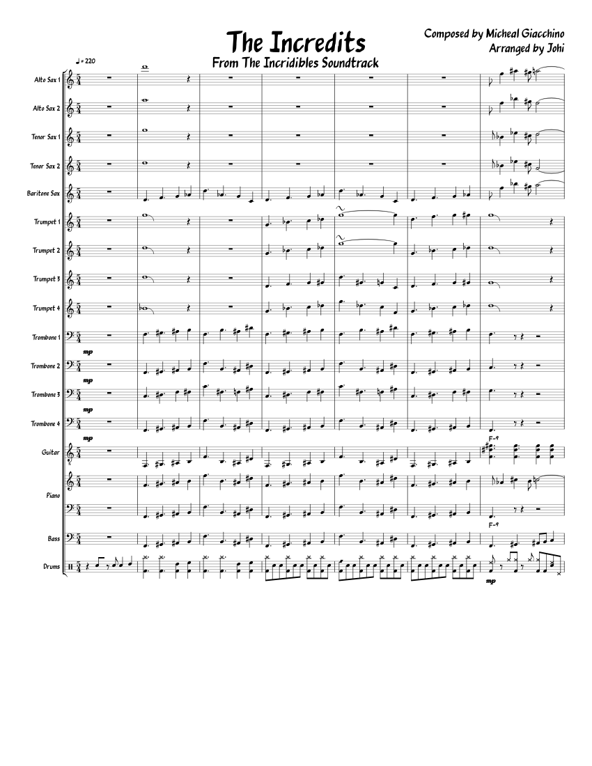 The Incredits Sheet Music with Chords for Piano, Trombone, Saxophone ...