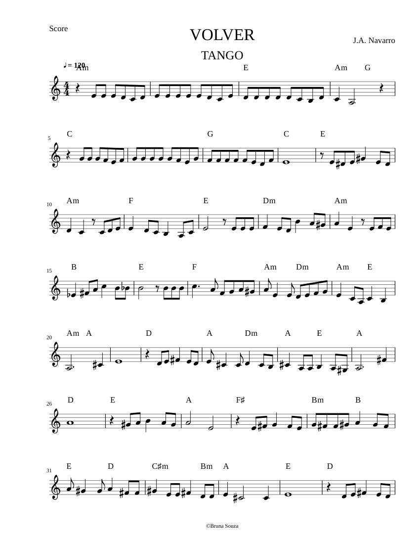 VOLVER Sheet Music with Chords for Piano (Solo) Easy | MuseScore.com