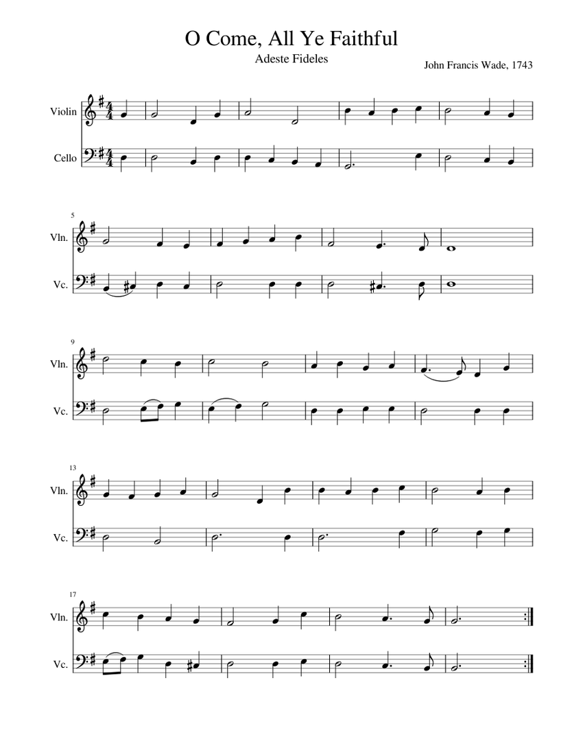 O Come, All Ye Faithful Sheet music for Violin, Cello (String Duet ...
