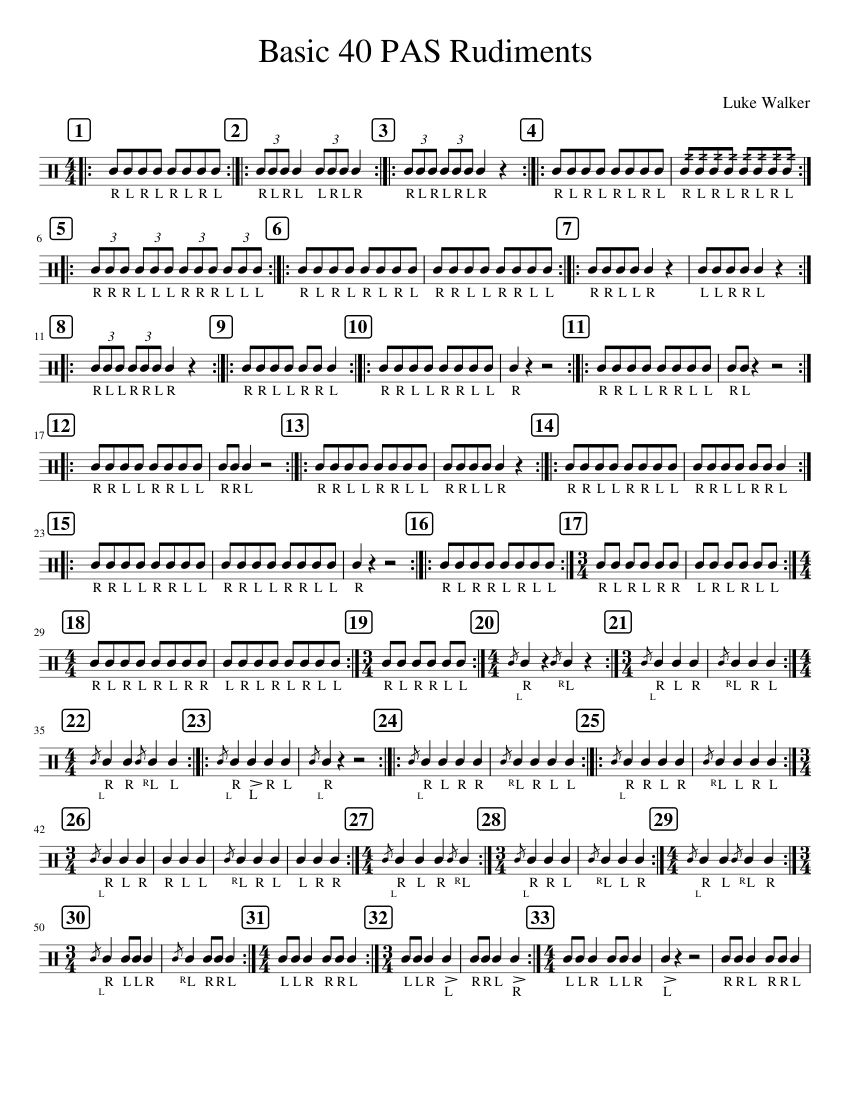 Basic 40 PAS Rudiments Sheet music for Snare drum (Solo) | Musescore.com
