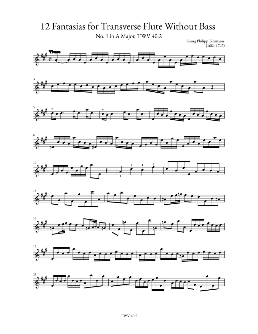 12 Fantasias for Transverse Flute: No. 1 in A Major, TWV 40:2 – Georg ...