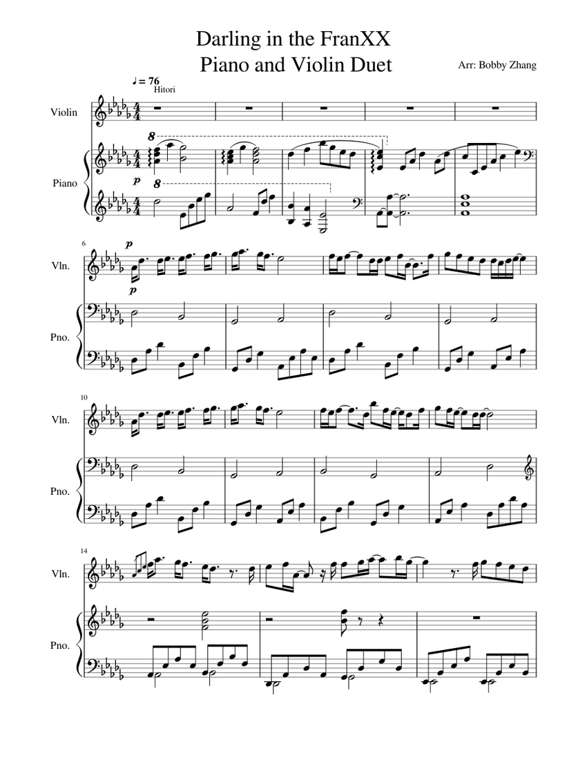 Darling in the FranXX Piano Violin Duet Sheet Music for Piano, Violin ...