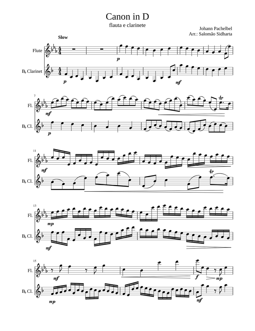 Canon in D for clarinet and flute Sheet music for Flute (Solo ...