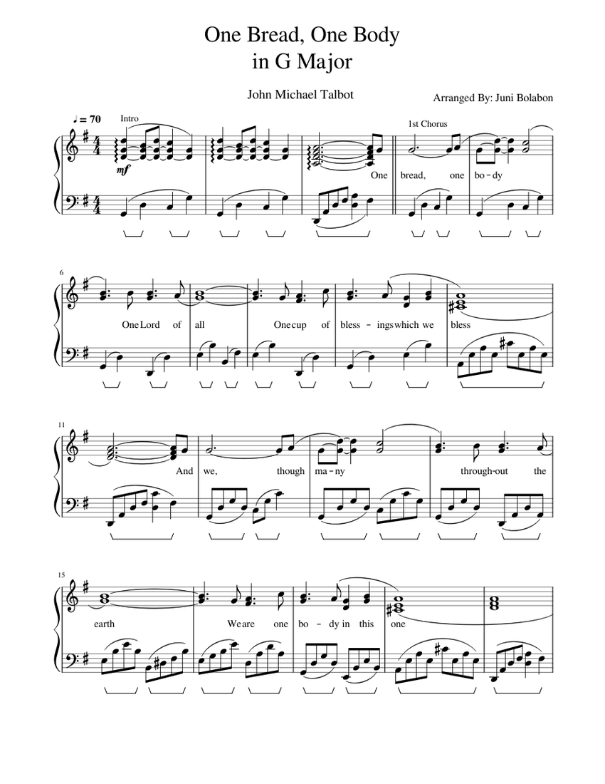 One Bread, One Body in G Major Sheet Music for Piano (Solo) easy ...