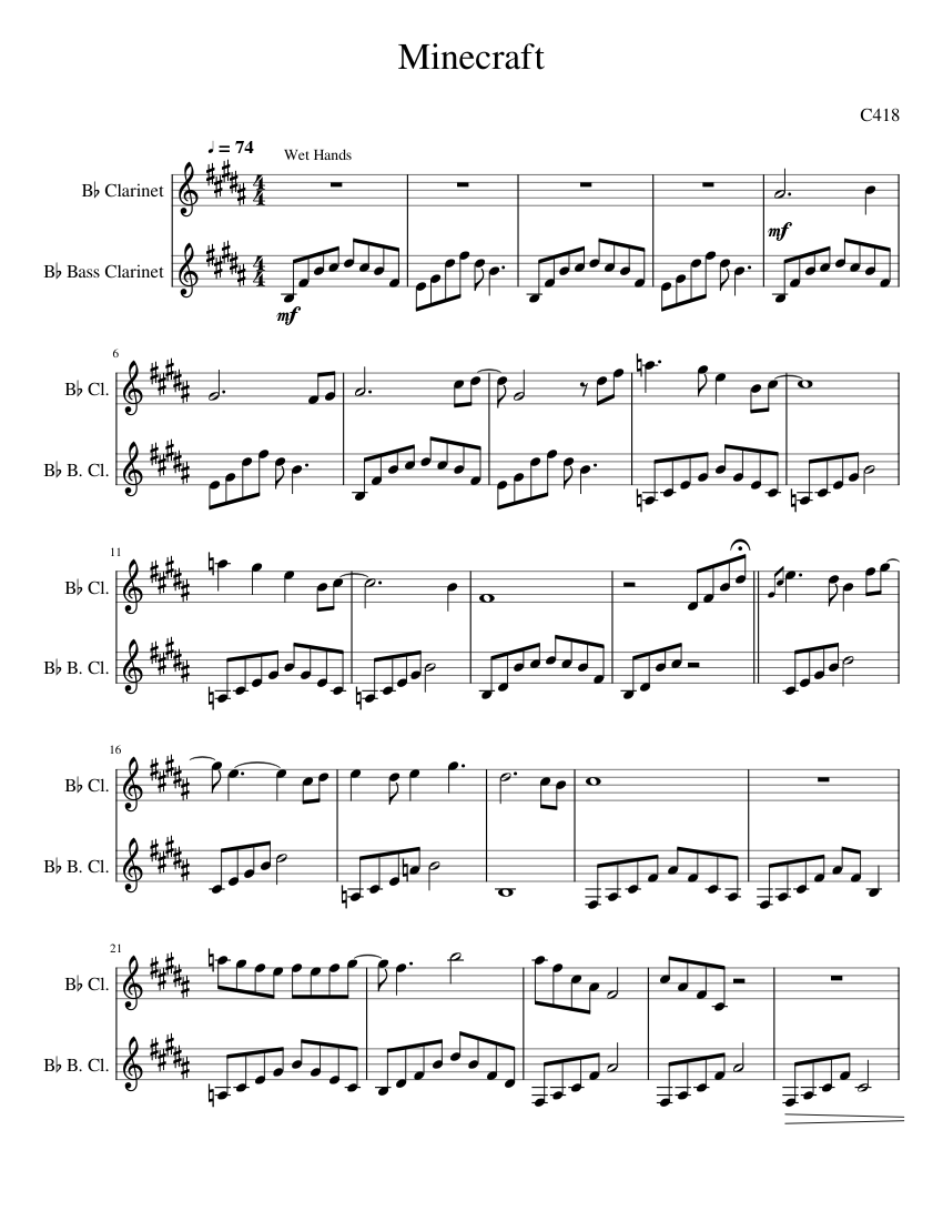 Minecraft - Wet hands, Sweden, Minecraft Sheet Music for Clarinet in b ...