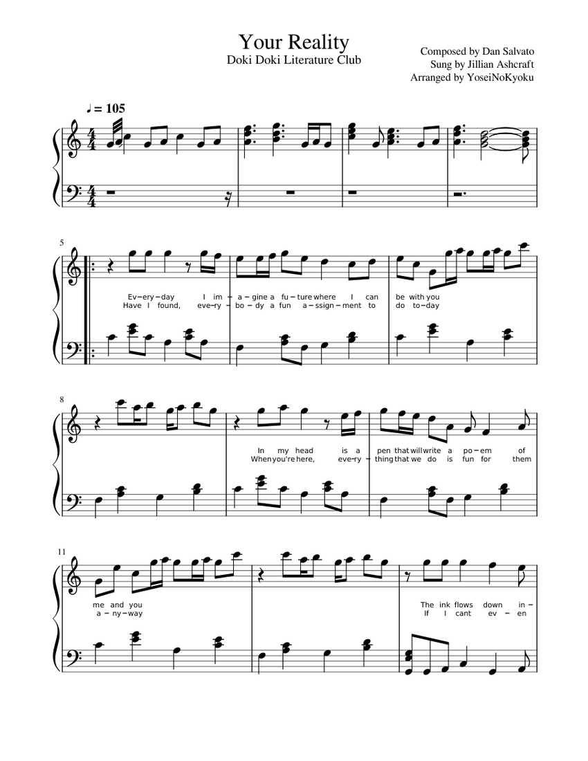 Your Reality Easy Piano Arrangement Dan Salvato Doki Doki Literature Club Sheet Music For