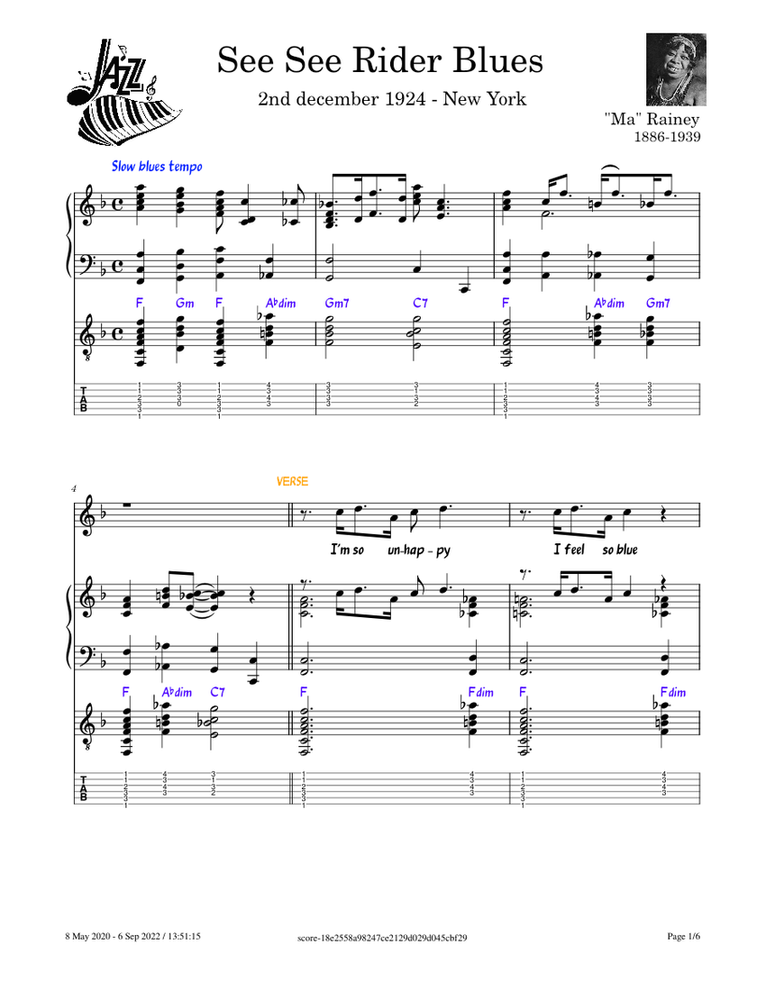 See See Rider Blues – Ma Rainey Sheet Music and Tab with Chords for ...