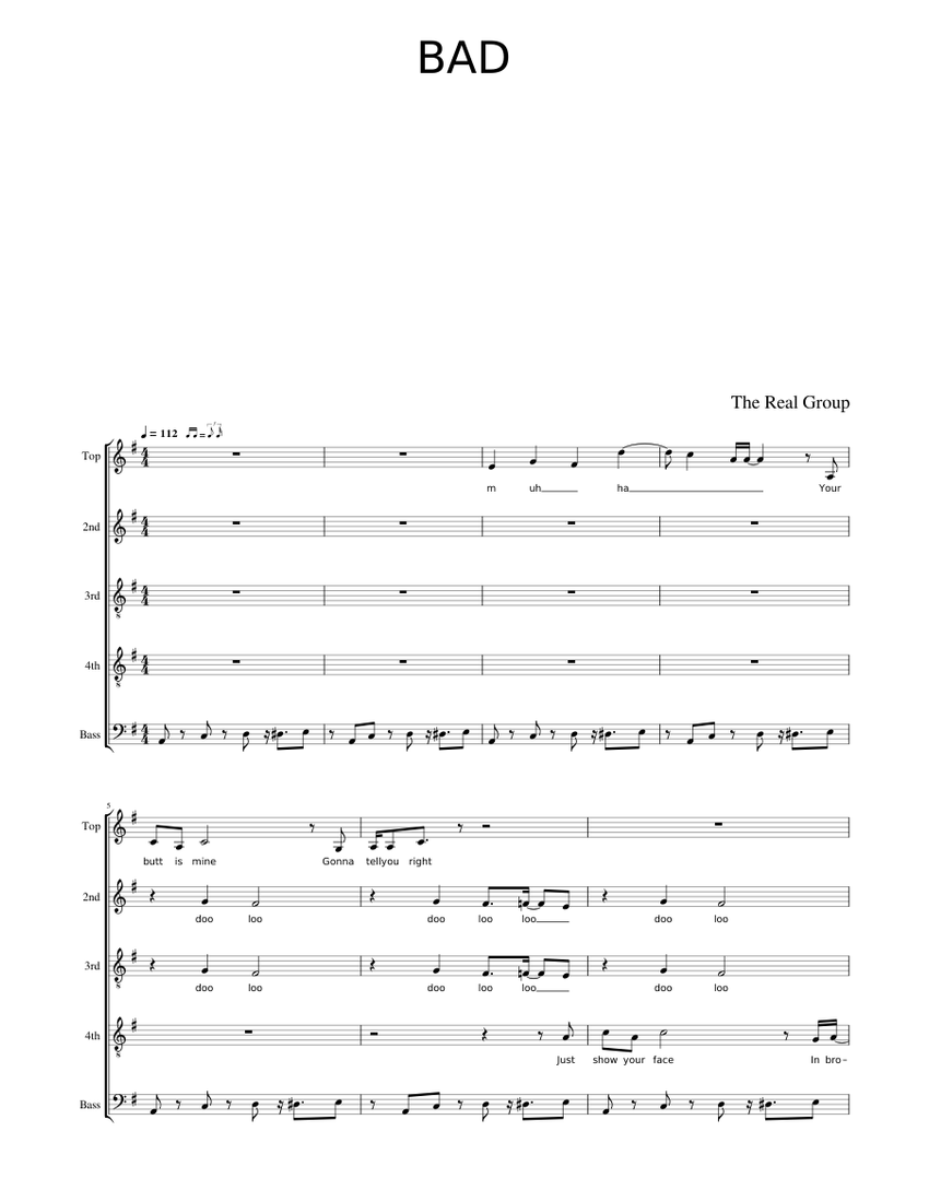 Bad (The Real Group cover) Sheet Music for Soprano, Alto, Tenor, Bass ...
