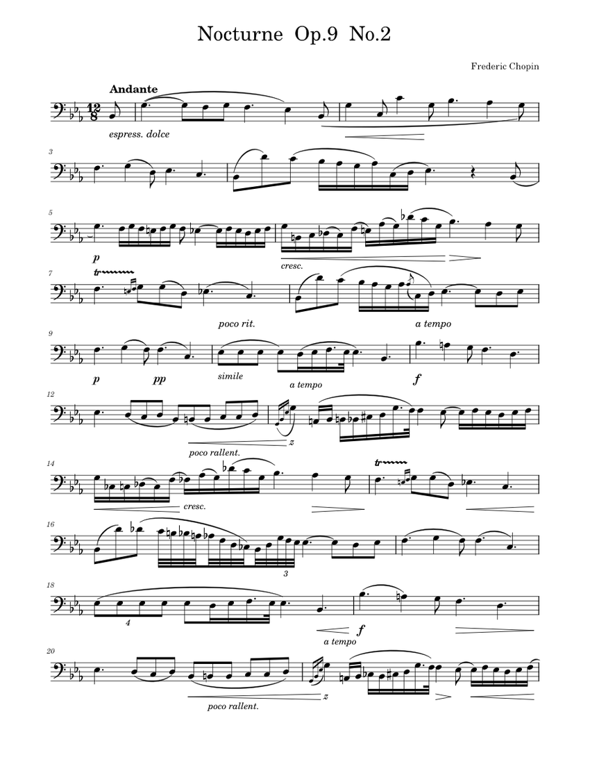 Chopin - Nocturne Op 9 No 2 E Flat Major Sheet Music for Cello (Solo ...