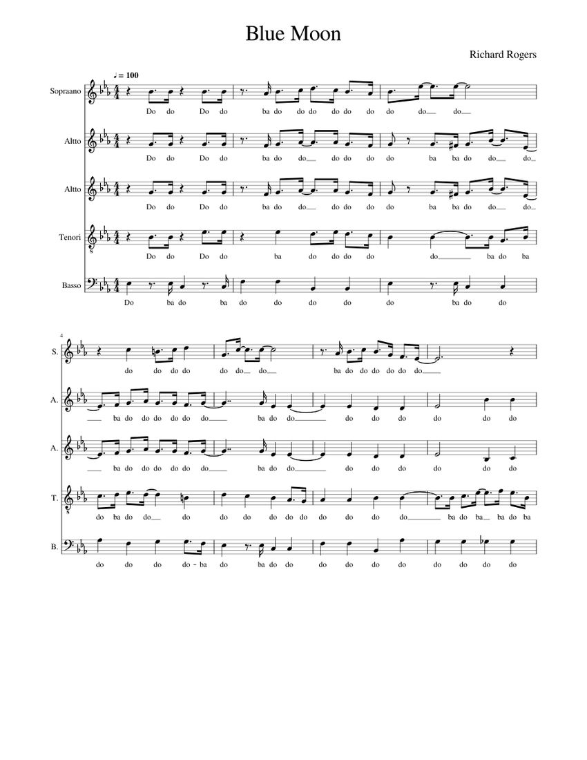 Blue Moon Sheet Music for Soprano, Alto, Tenor, Bass voice (Choral ...