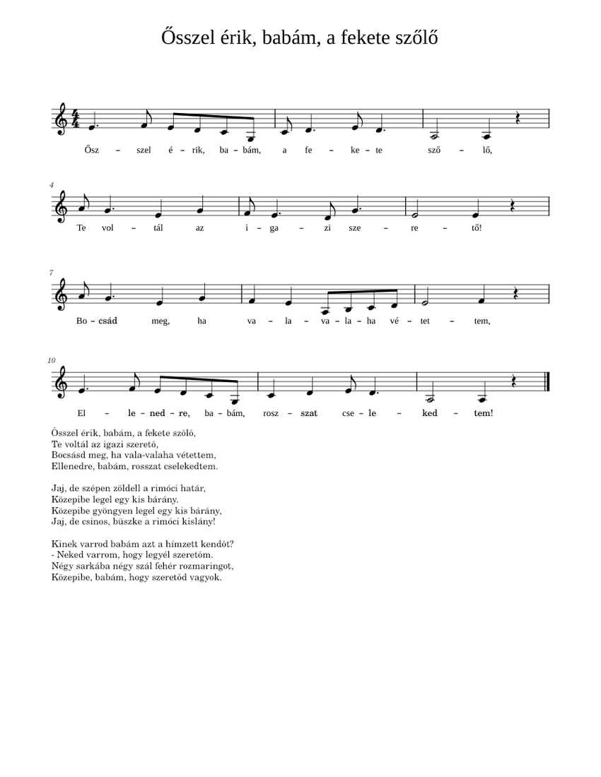 Ősszel érik, babám, a fekete szőlő Sheet music for Piano (Solo ...