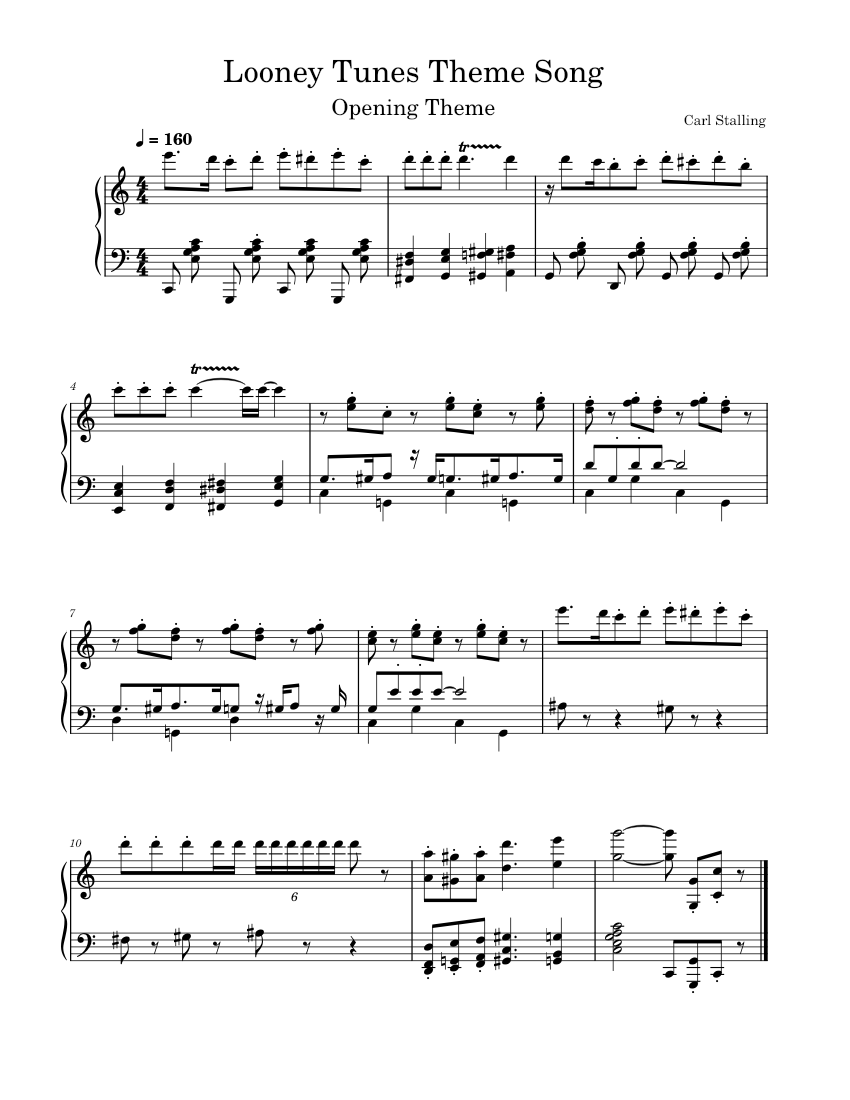 Looney Tunes Theme Song – Carl Stalling Sheet Music for Piano (Solo ...