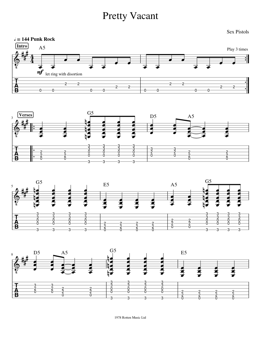 Pretty Vacant Sheet Music and Tab with Chords for Guitar (Solo ...