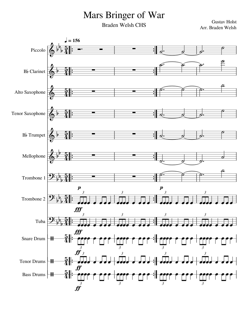 Mars, the Bringer of War – Gustav Holst Sheet Music for Trombone, Tuba ...