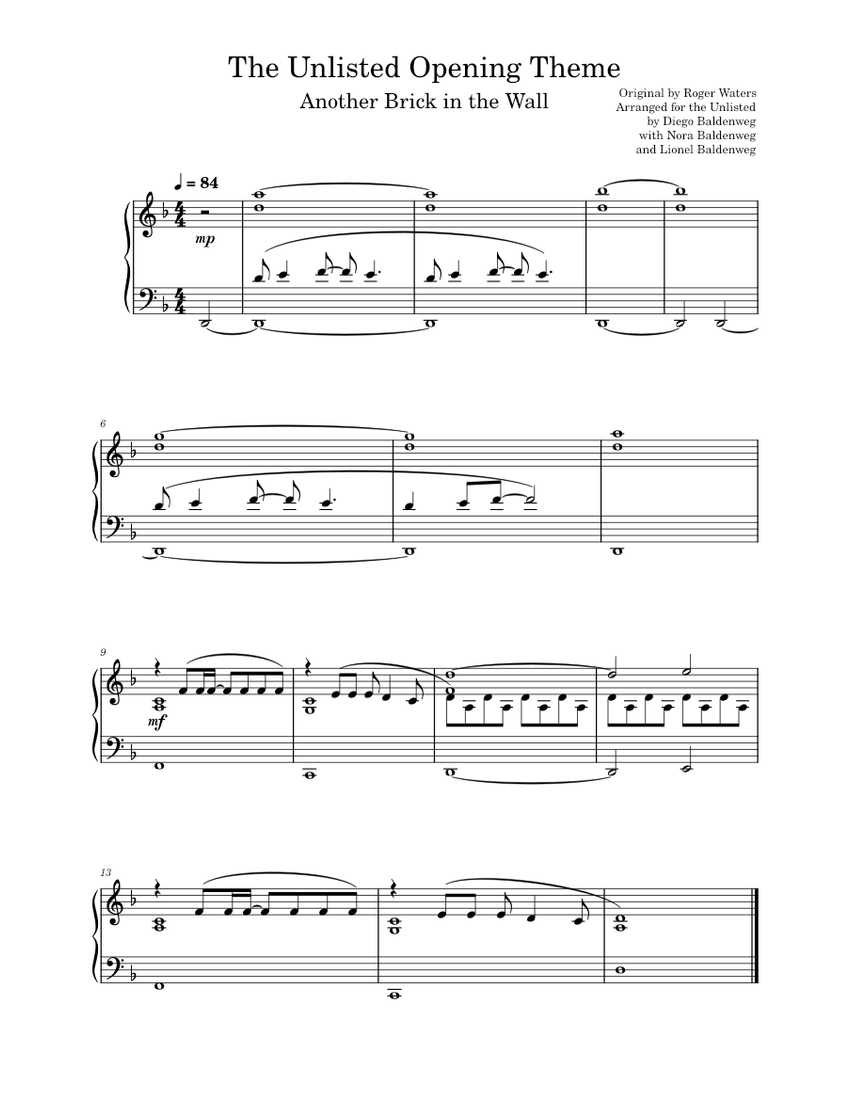 The Unlisted Opening Theme Sheet Music for Piano (Solo) easy ...