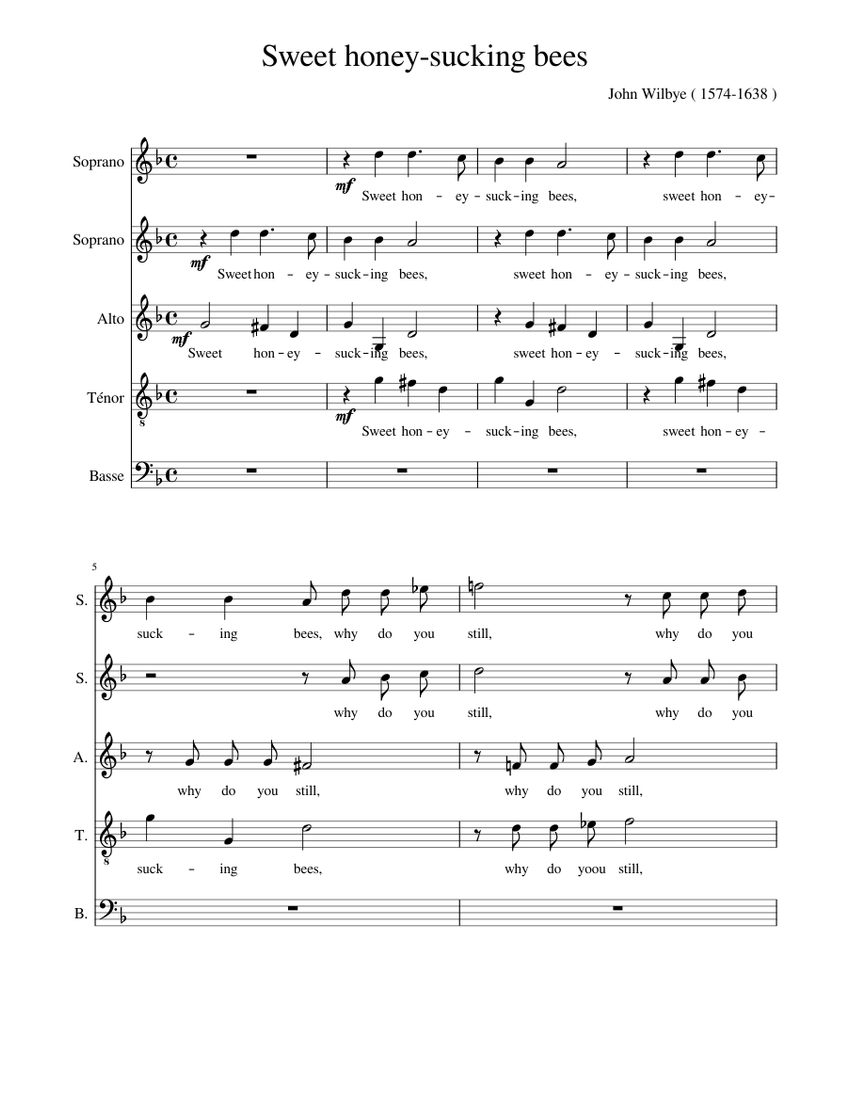 Sweet honey-sucking bees Sheet Music for Soprano, Alto, Tenor, Bass ...