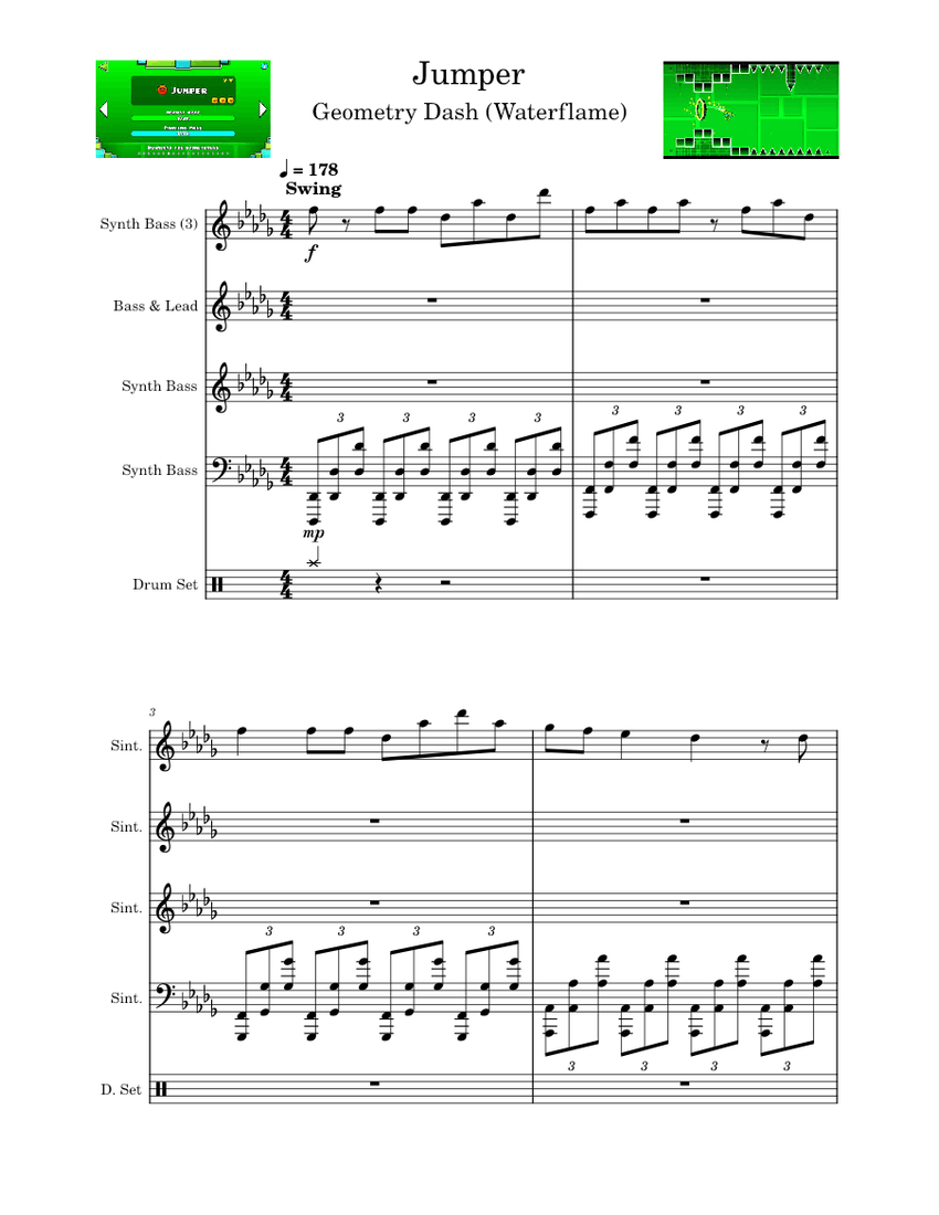 Jumper - Geometry Dash (Waterflame) Sheet Music for Piano, Drum group ...