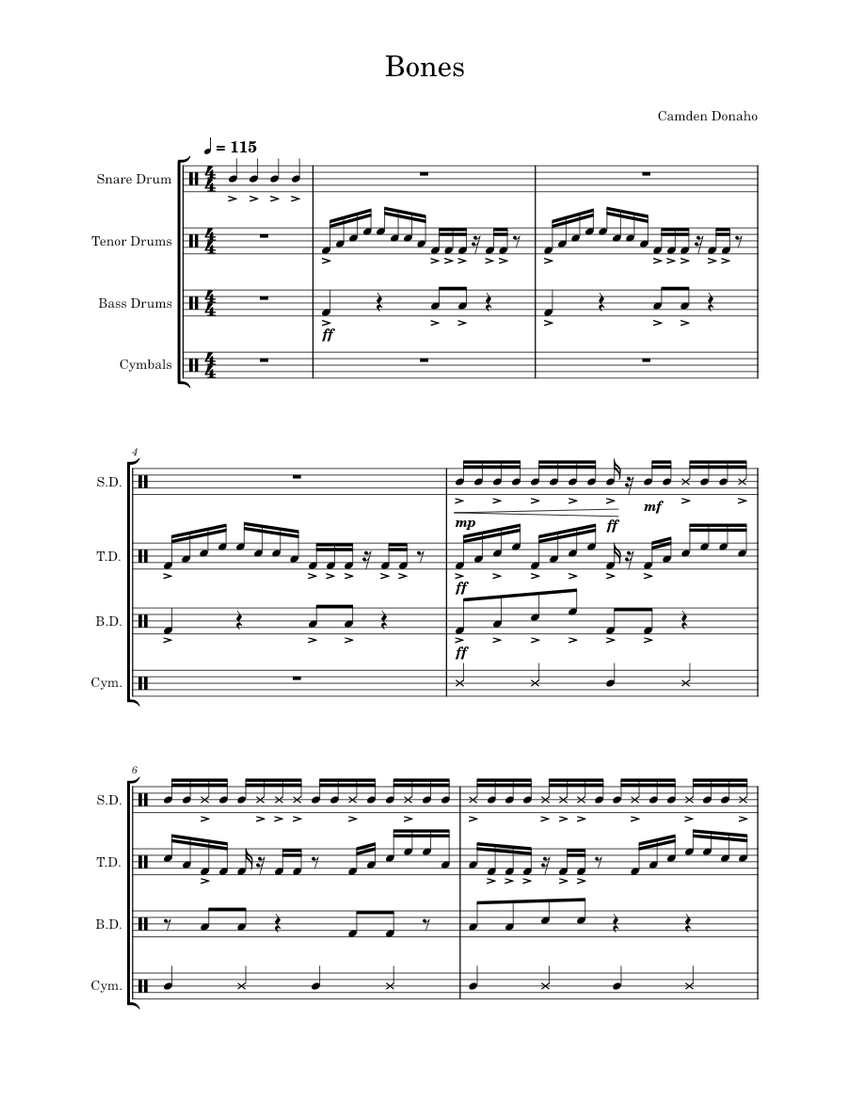 Bones Sheet music for Snare drum, Crash, Tenor drum, Bass drum ...