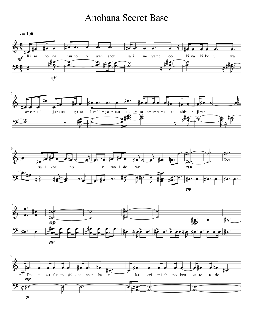 AnoHana - Secret Base, Piano Sheet Sheet Music for Piano (Solo) easy ...