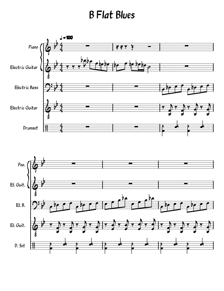 B Flat Blues Sheet Music for Piano, Guitar, Bass guitar, Drum group ...