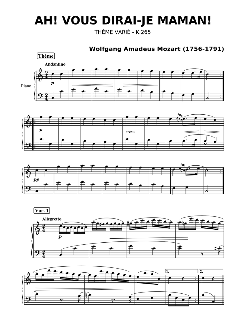 AH VOUS DIRAI-JE MAMAN (Mozart) Sheet Music for Piano (Solo ...