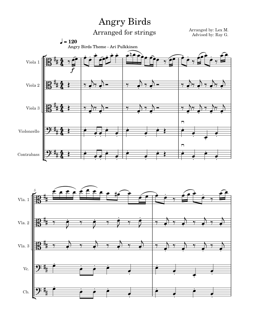 Angry Birds String Arrangement Sheet music for Contrabass, Viola, Cello (Mixed Quintet ...
