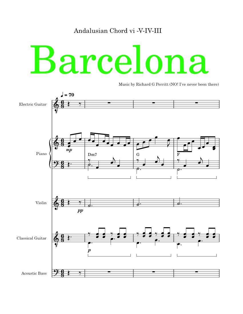 Barcelona Sheet Music with Chords for Piano, Violin, Guitar, Bass ...