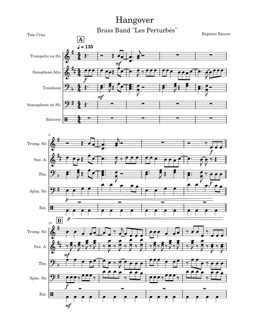 Hangover – Taio Cruz Sheet Music for Trombone, Saxophone alto, Trumpet ...