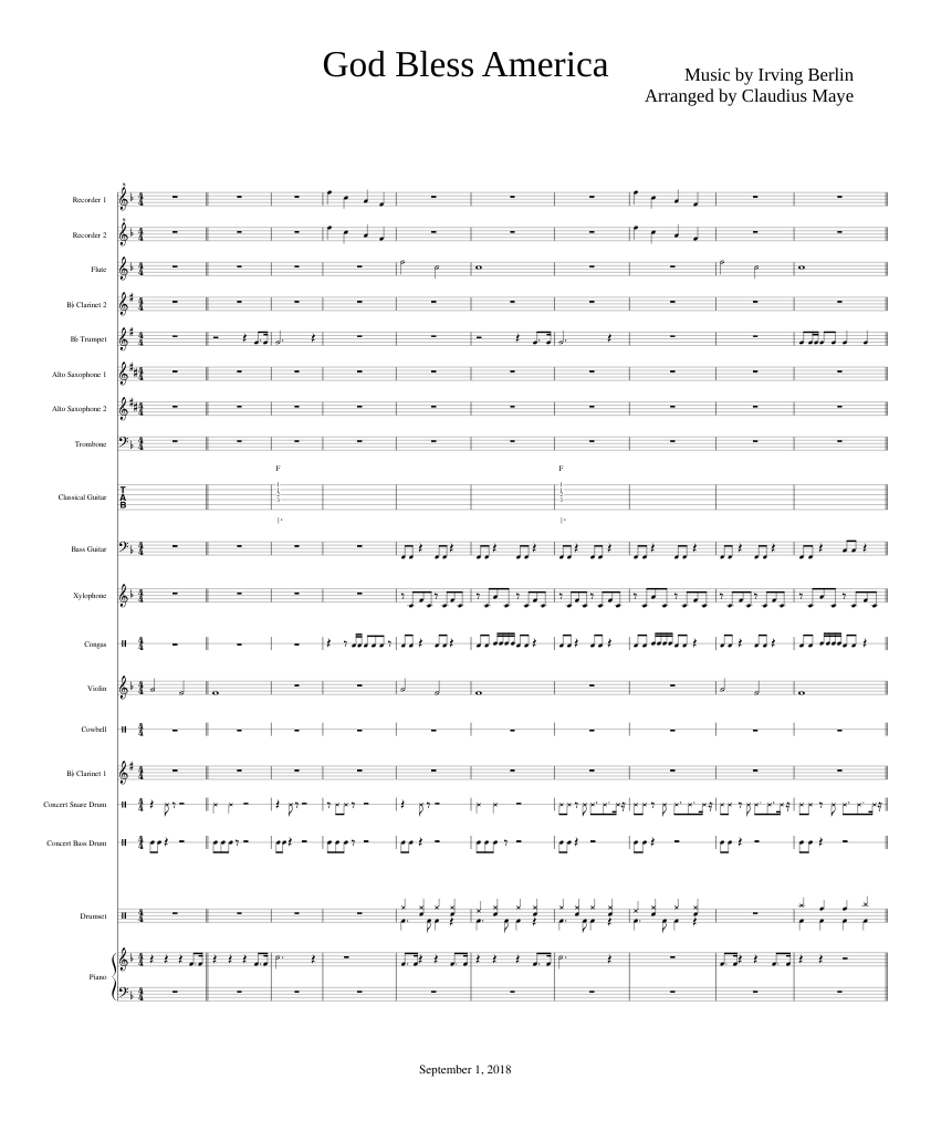 God Bless America For Elementary Level School Band Sheet Music and Tab ...