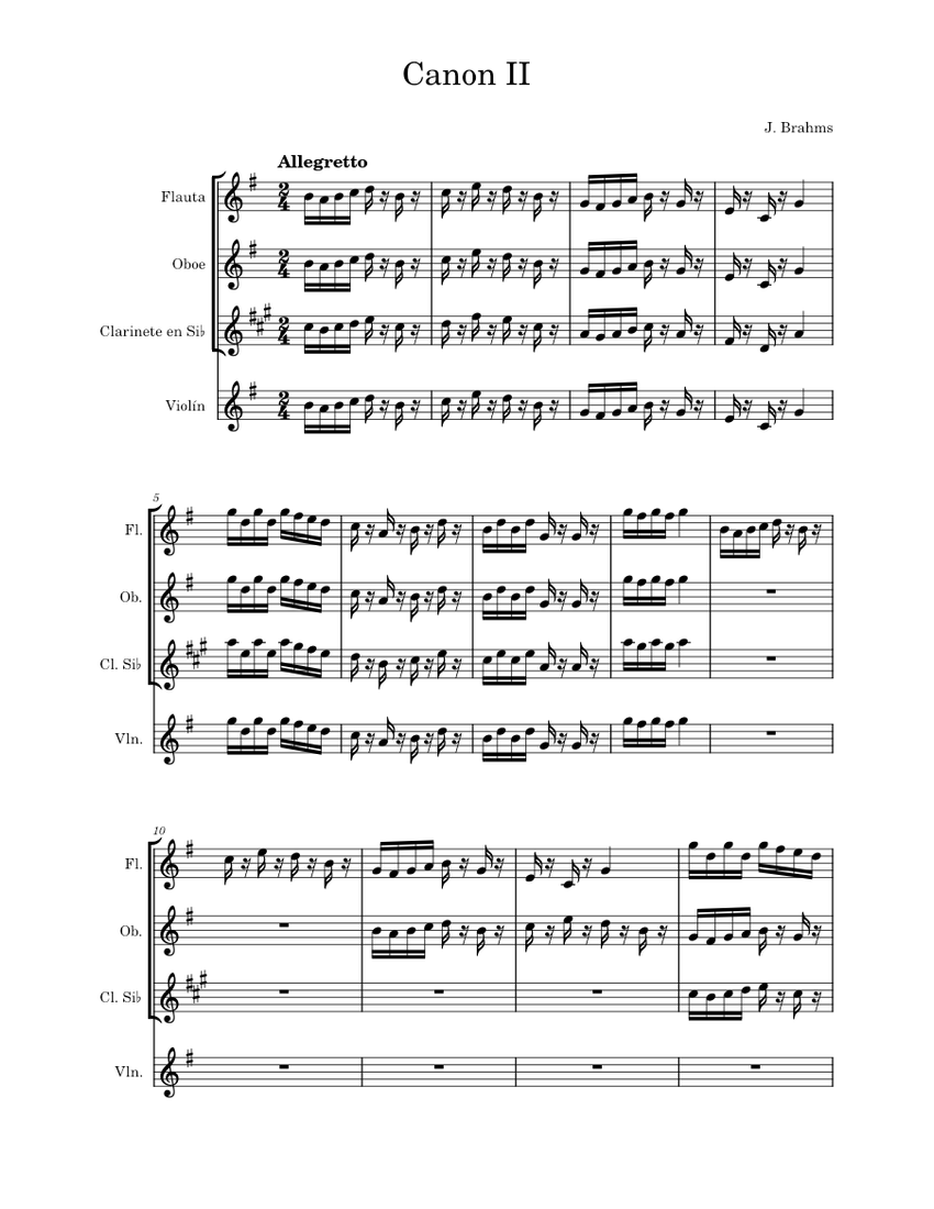 Canon – Johannes Brahms Canon II Sheet music for Flute, Oboe, Clarinet ...