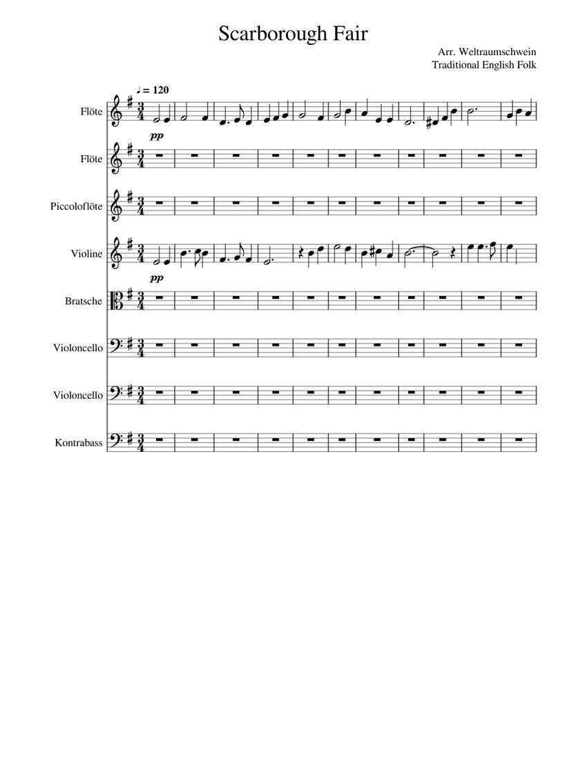 Scarborough Fair Sheet music for Flute piccolo, Flute, Contrabass ...