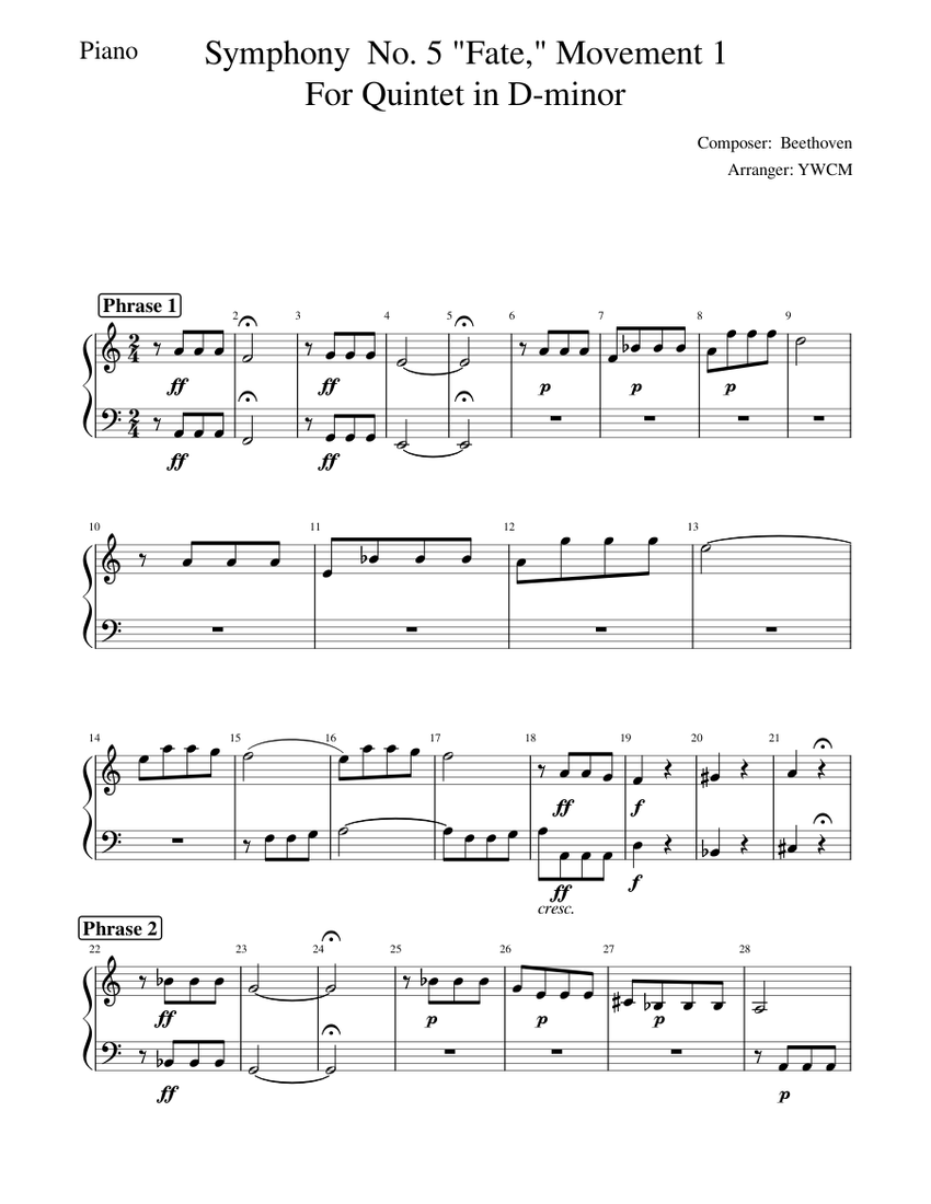 Beethoven_Symphony-5-Fate_Mvt-1_Quintet_D-minor-+2_Sheet-by-YWCM_Piano ...