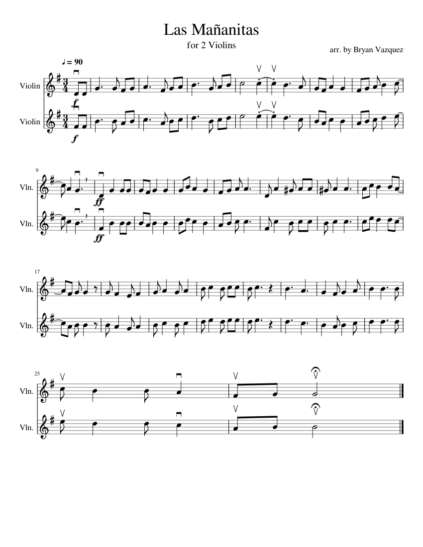 Las Mañanitas Sheet Music for Violin (String Duet) | MuseScore.com