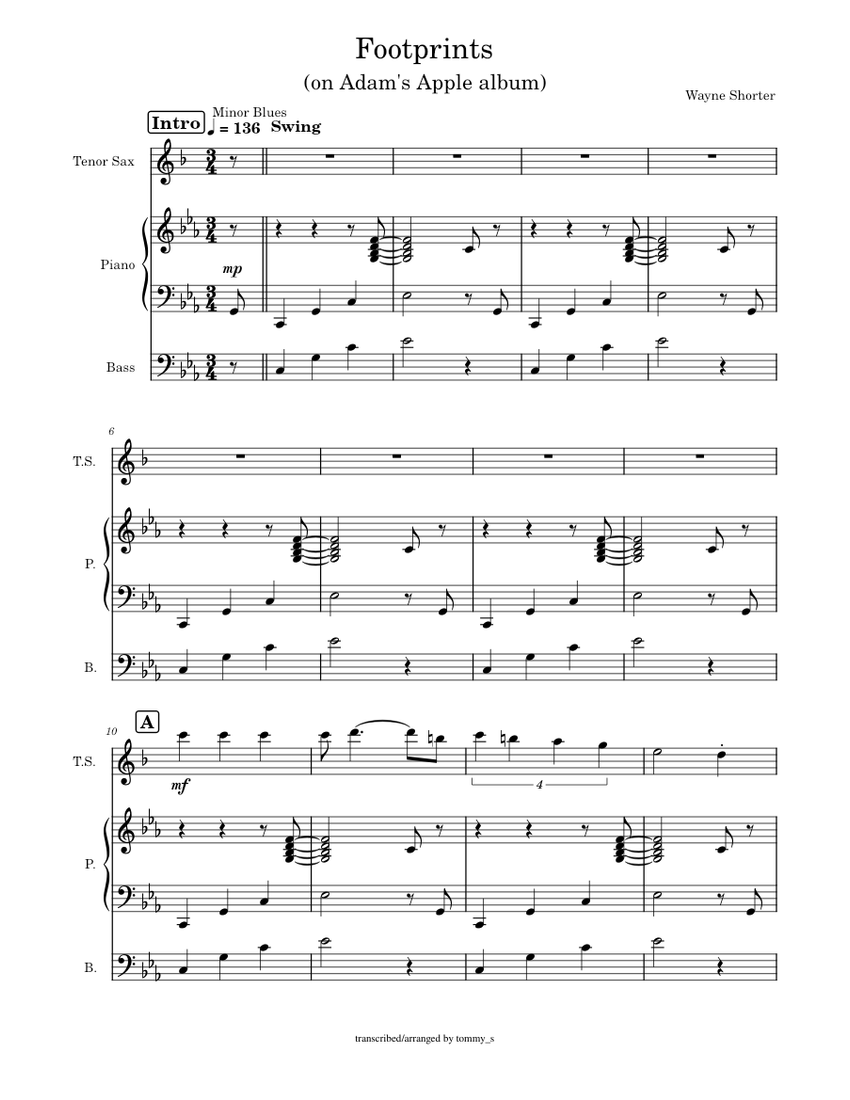 Footprints Sheet Music for Piano, Saxophone tenor, Bass guitar (Jazz ...