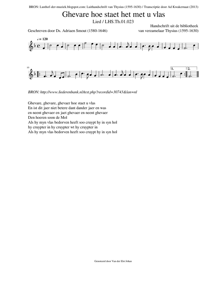 Ghevare hoe staet het met u vlas (LHS.Th.01.023) Sheet music for Lute (Solo) | Musescore.com
