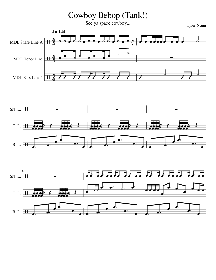 Cowboy Bebop (Tank!) Sheet music for Snare drum, Tenor drum, Bass drum ...