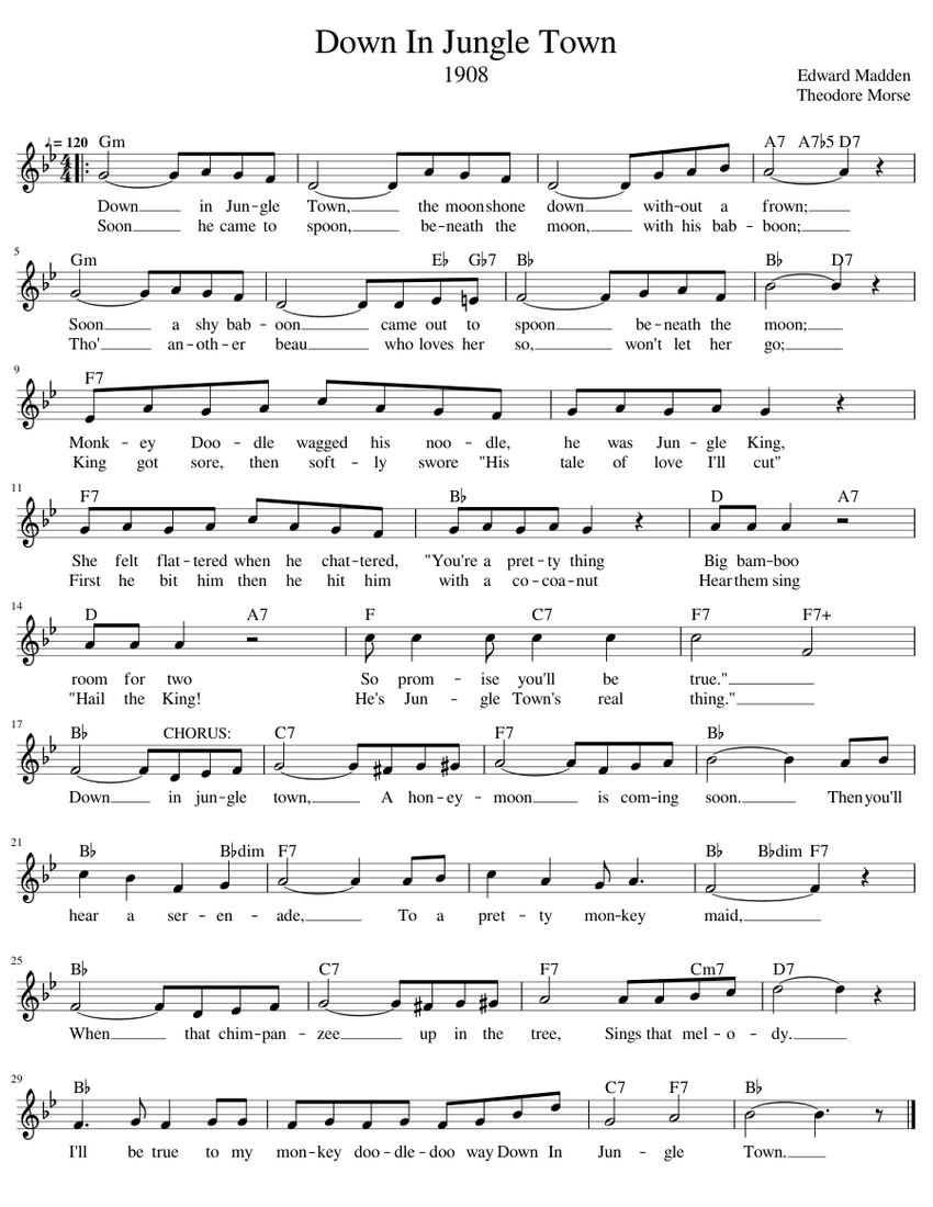 Down In Jungle Town Sheet Music with Chords for Piano (Solo ...