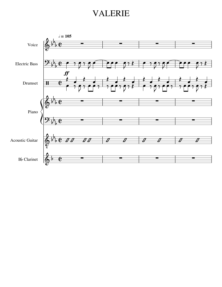 Valerie by Amy Winehouse Sheet Music for Piano, Vocals, Clarinet in b ...
