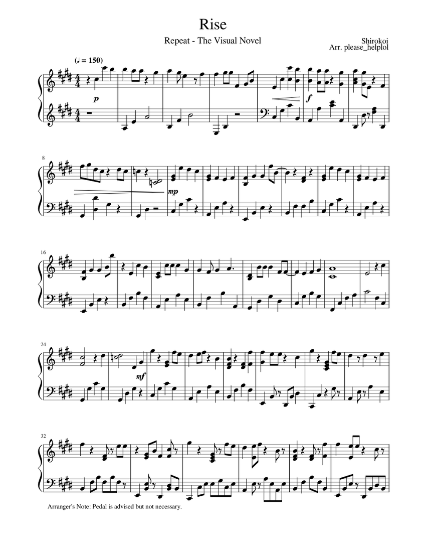 Rise: Repeat - The Visual Novel Sheet Music for Piano (Solo ...
