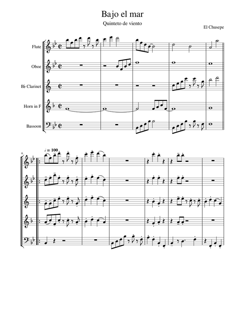 Bajo el mar Sheet music for Flute, Oboe, Clarinet in b-flat, Bassoon ...