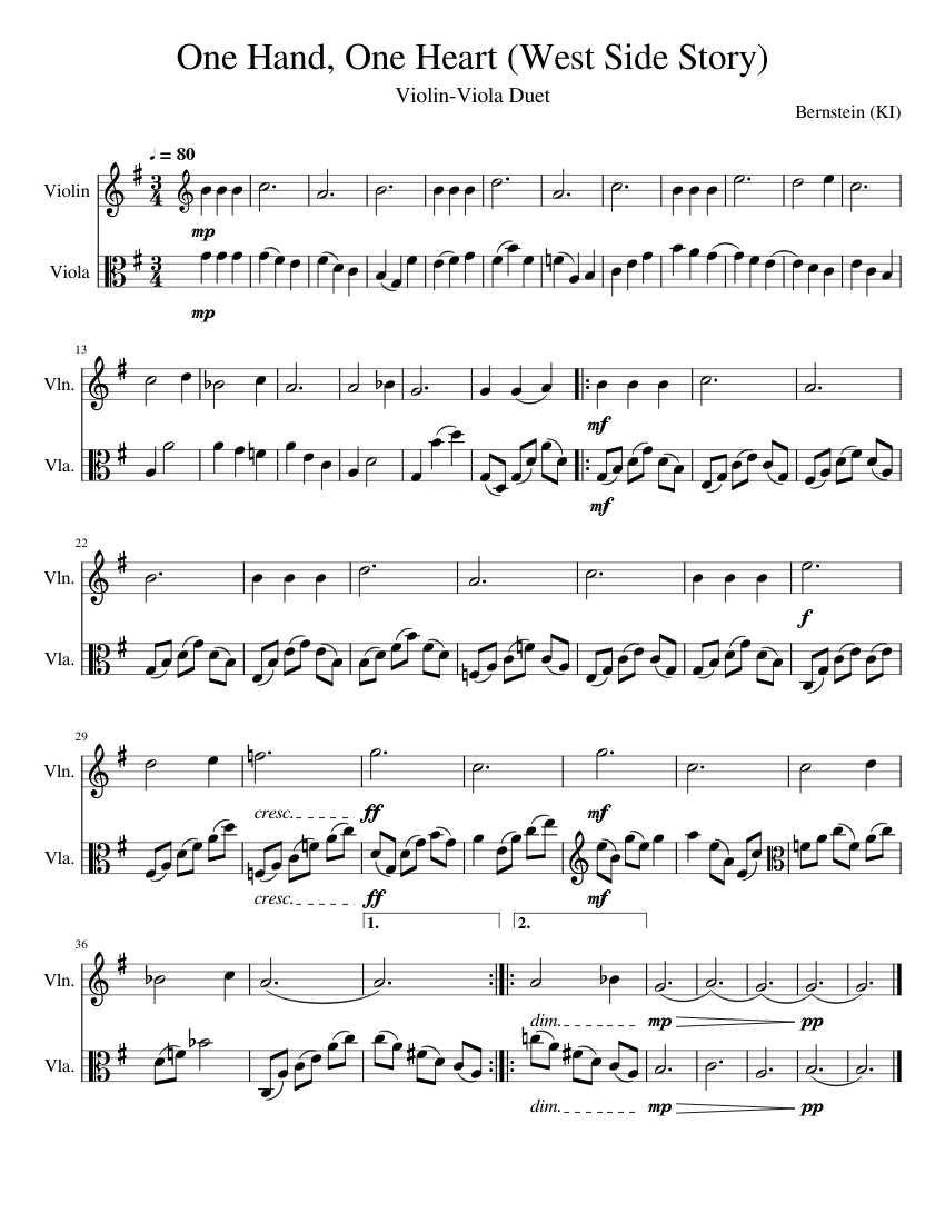 One Hand, One Heart (Bernstein) (Violin + Viola Duet) Sheet music for ...