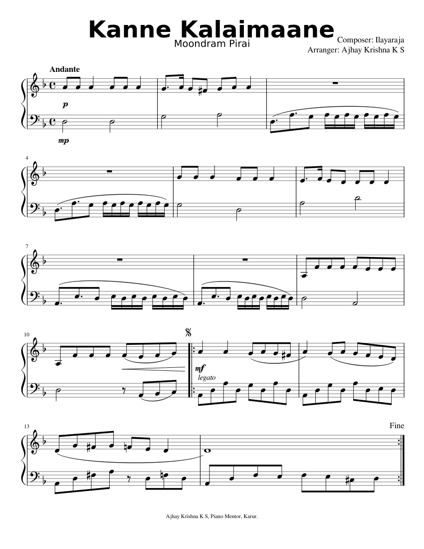 Kanne Kalaimaane - Film: Moondram Pirai - Ilayaraaja / Arranger: Ajhay Krishna Sheet Music for ...